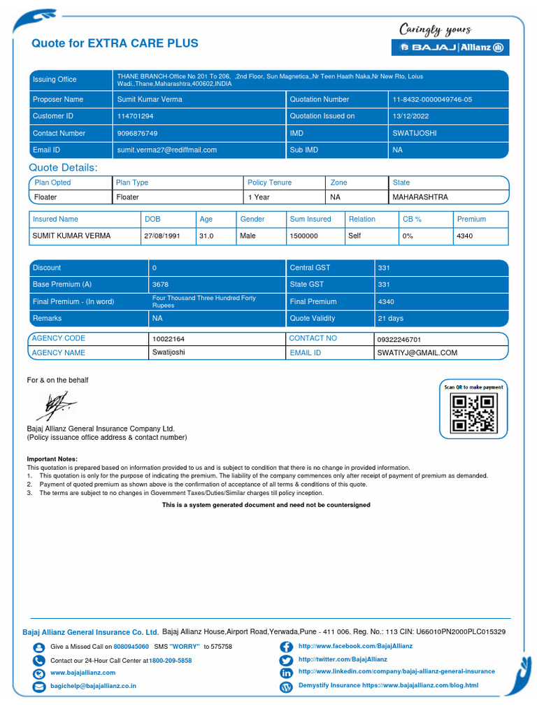 Extra Care Plus Quotation Details | PDF | Insurance | Payments