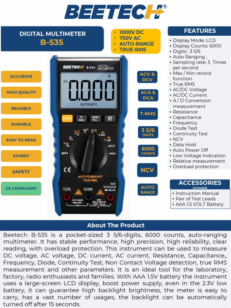 Beetech B-535 Multimeter | PDF | Power Supply | Electric Power
