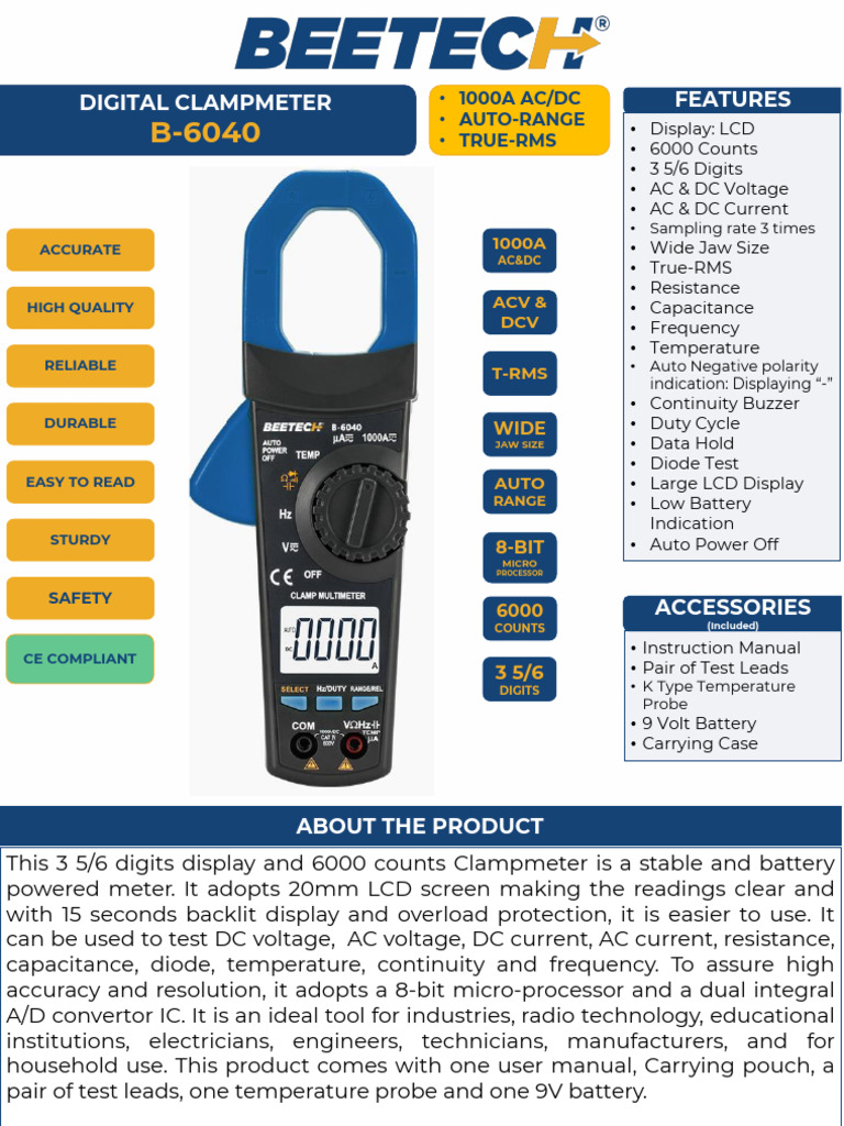 Beetech B-6040 1000a Ac & DC TRMS Clampmeter | PDF | Power Supply ...