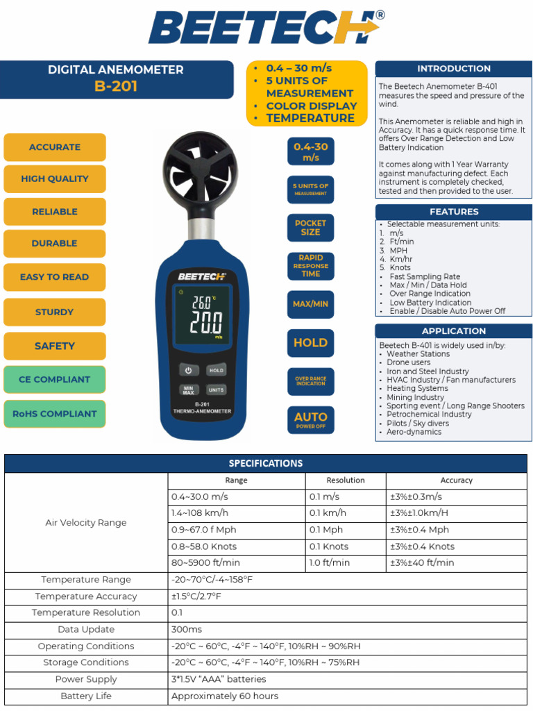Beetech B-201 Anemometer | PDF | Applied And Interdisciplinary Physics ...