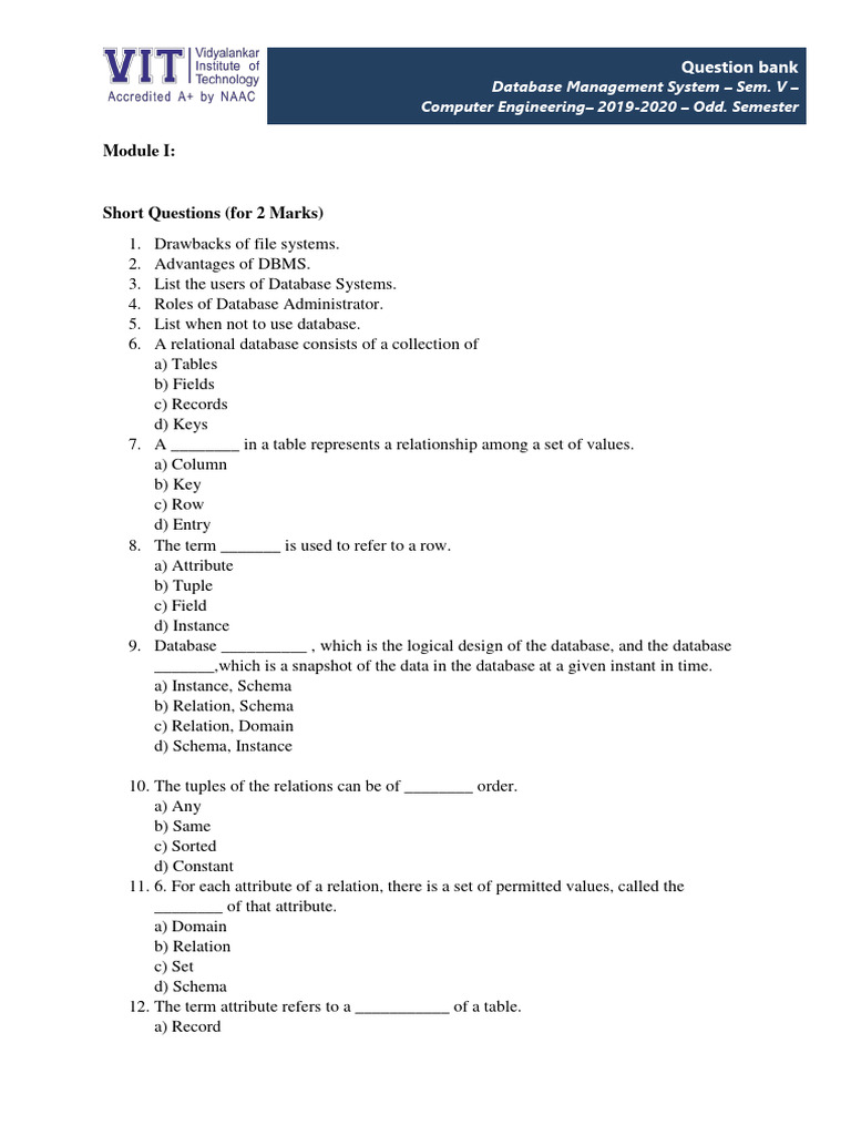 DBMS Question Bank | PDF | Database Transaction | Databases DBMS Question Bank | PDF | Database Transaction | Databases