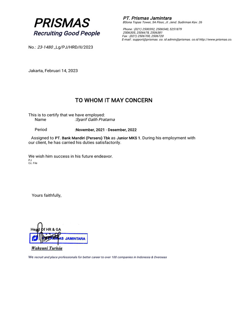 Parklaring Galih Prismas Jamintara | PDF