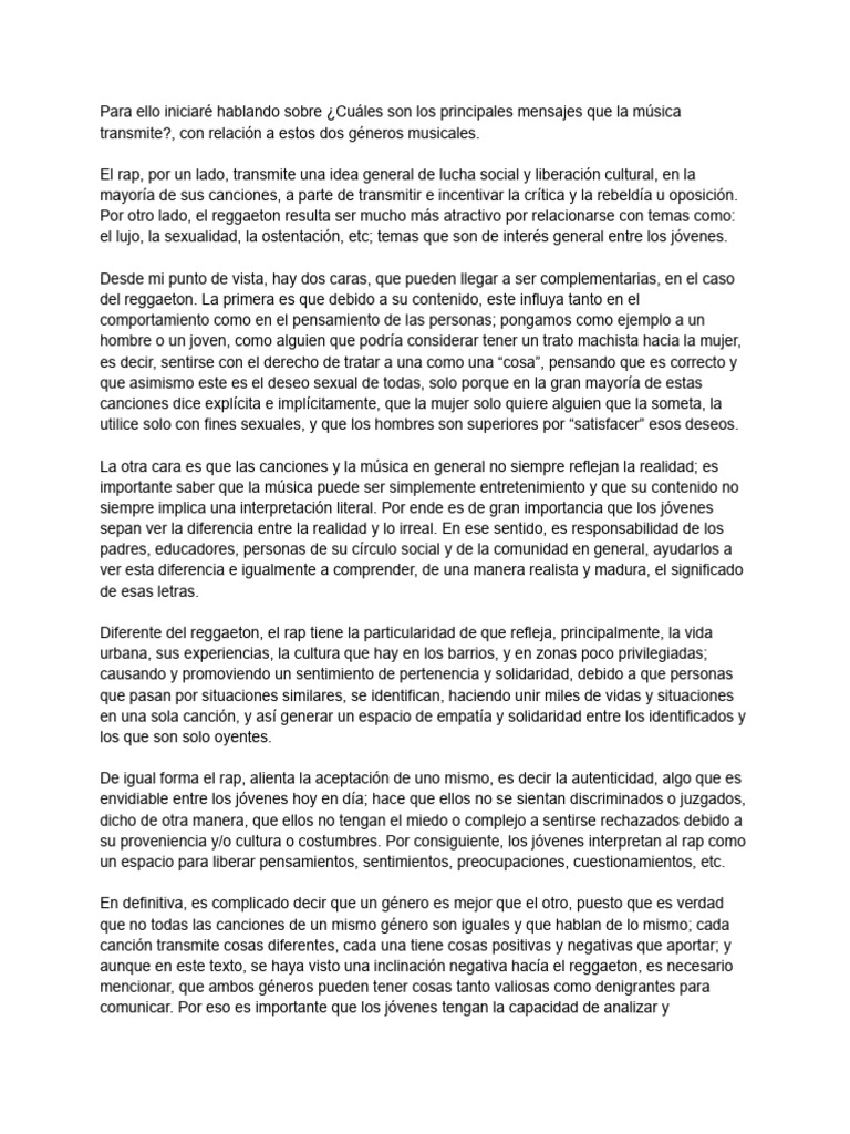 Ensayo Filosofia (Rap y Reggaeton, Su Influencia en Los Jovenes) | PDF ...