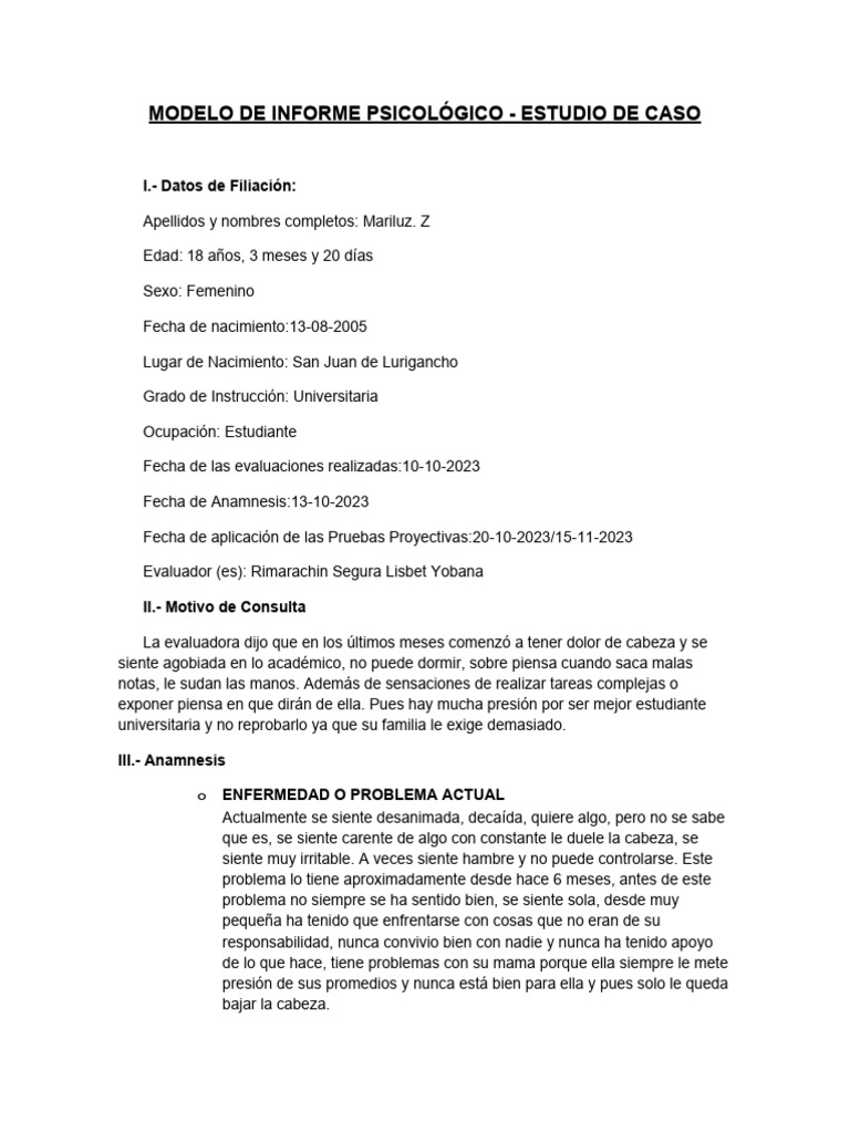 S15 - MODELO DE INFORME PSICOLÓGICO (Presentacion de Caso) | PDF