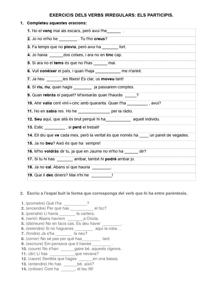 Exercicis Dels Verbs Irregulars Pdf