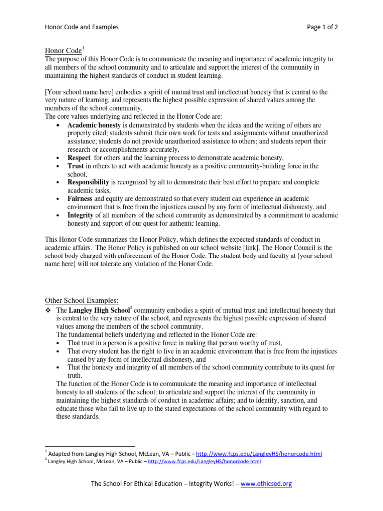 Honor Code Examples | PDF | Academic Dishonesty | Academic Integrity Honor Code Examples | PDF | Academic Dishonesty | Academic Integrity