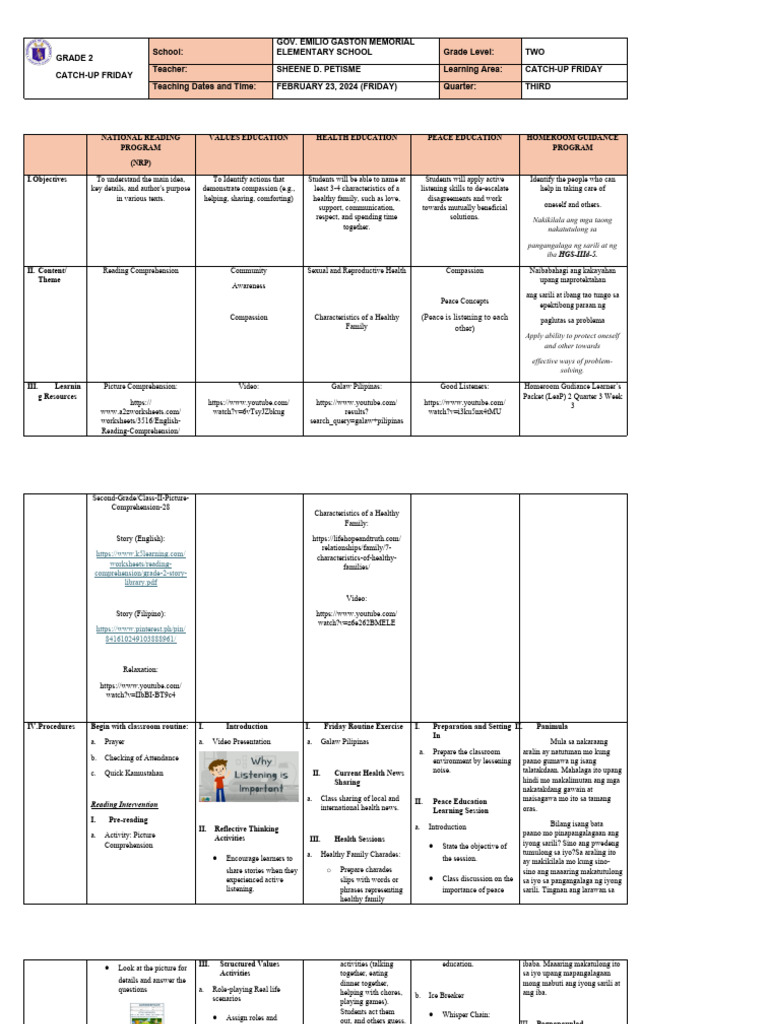 Grade 2 Catch-Up Friday Plan | PDF | Reading Comprehension | Learning