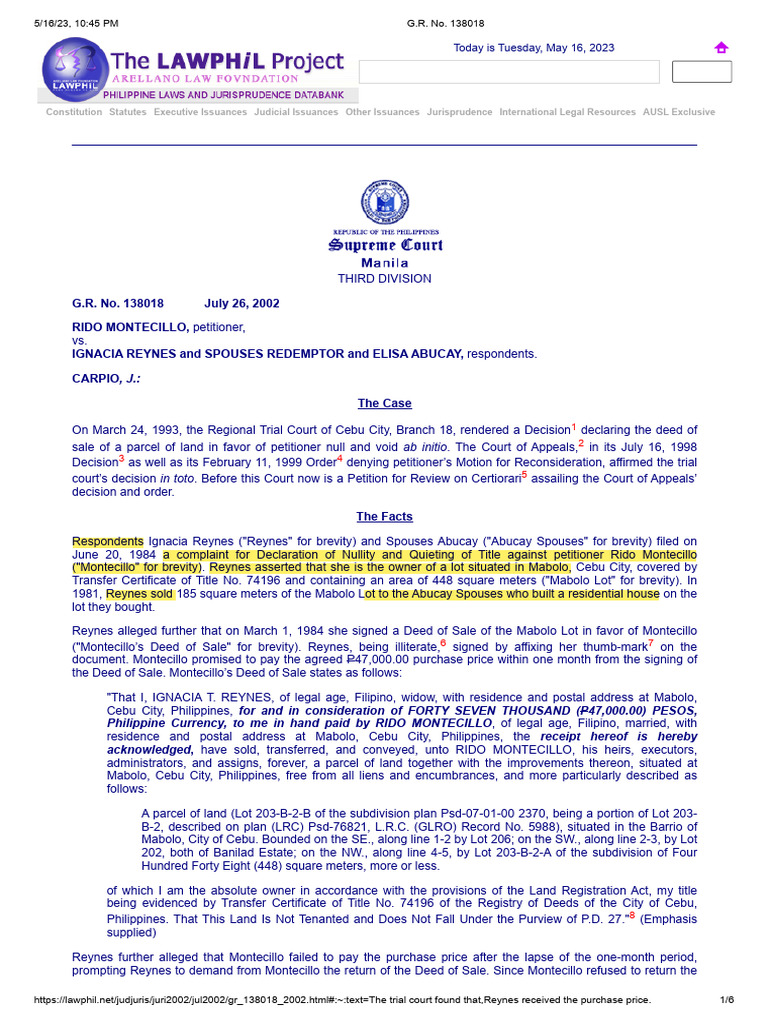 Montecillo - Lack of Cause & Consent Deed Os Sale of Lot | PDF | Law