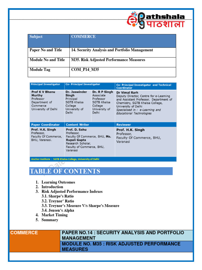 Risk Adjusted Performance Measures | PDF