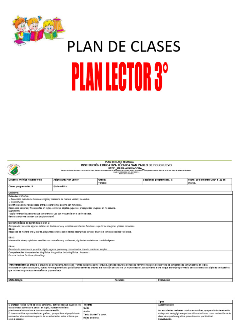 Plan de Clase Semanal Plan Lector | PDF