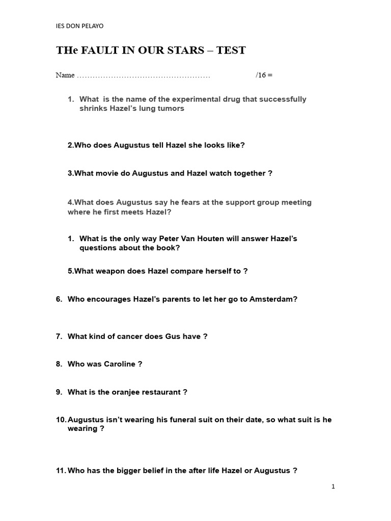The Fault in Our Stars Test Questions | PDF | Classics