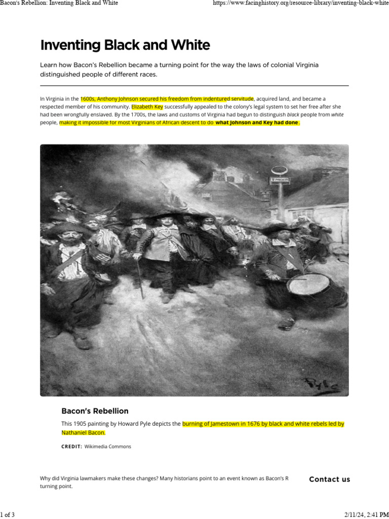 Bacon's Rebellion and Racial Division | PDF | Slavery | Slavery In The ...