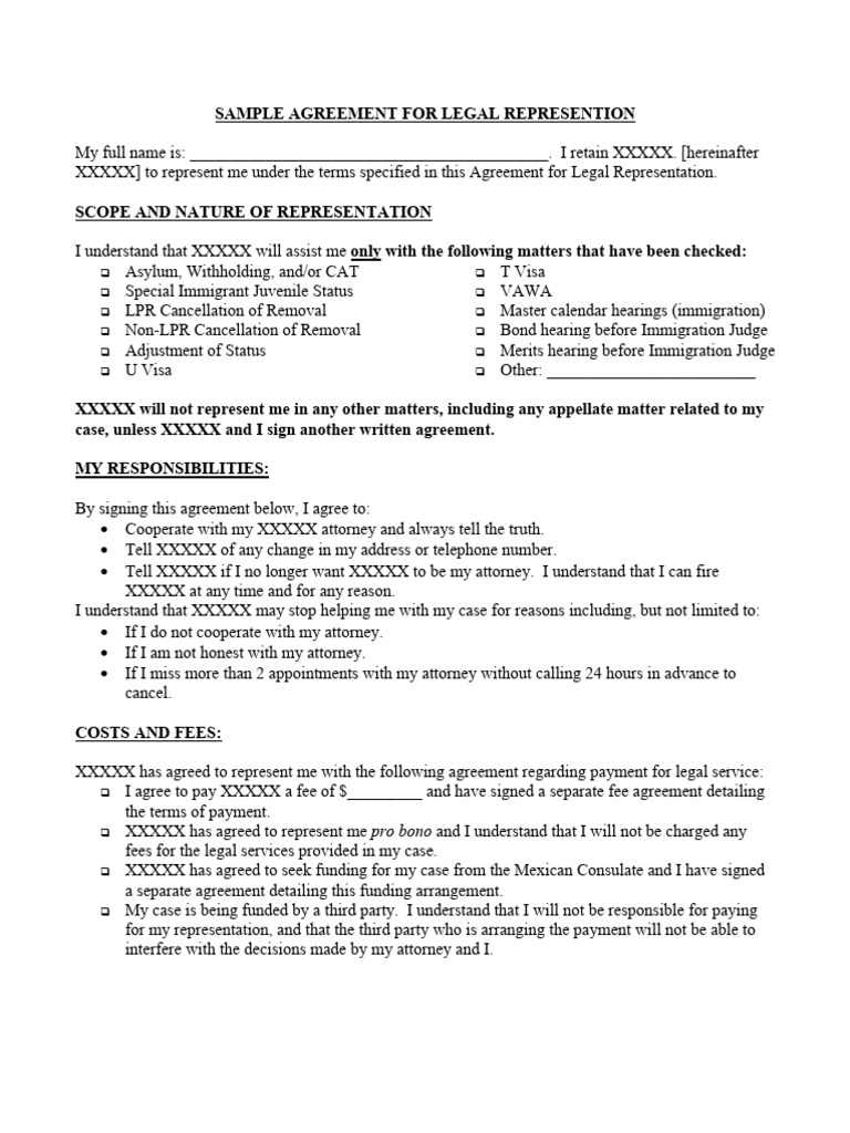 Sample Agreement For Legal Representation | PDF | Lawyer | Removal ...