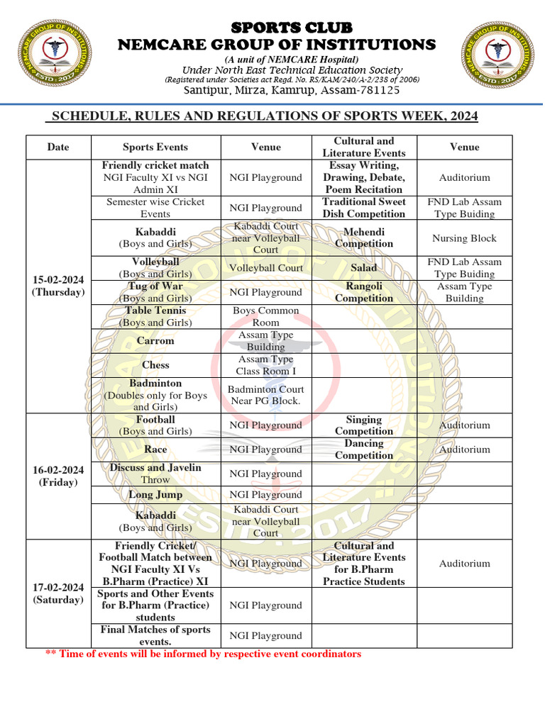 SCHEDULE and Rules and Regulations Sports Week 2024 | PDF | Athletic ...