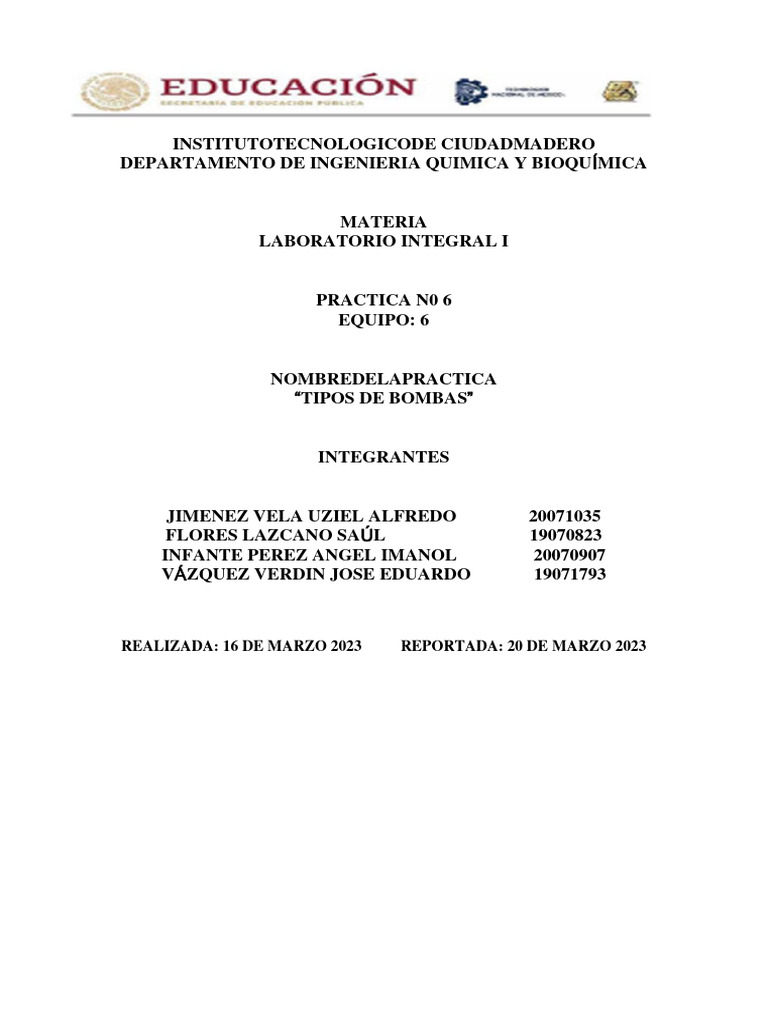 Practica 6 Comp | PDF | Bomba | Ingeniería mecánica