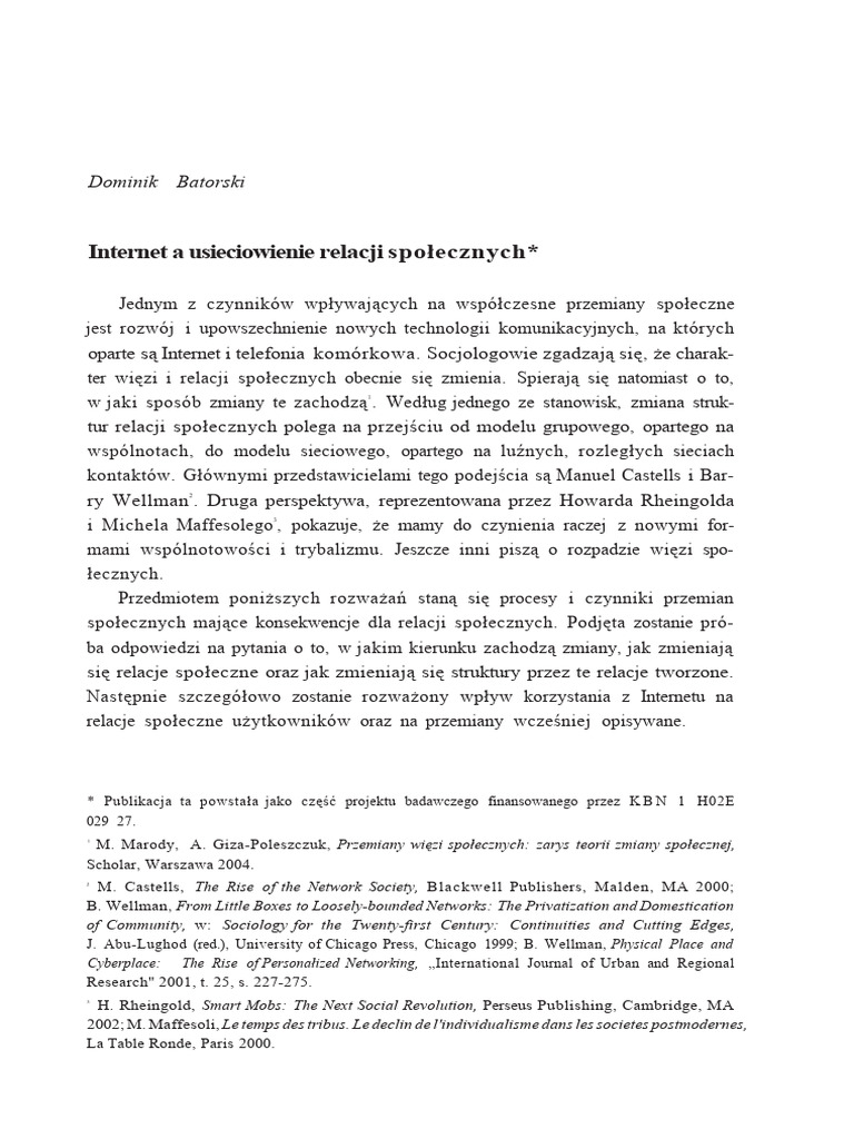 Internet A Usieciowienie Relacji Spolecznych Dominik Batorski | PDF