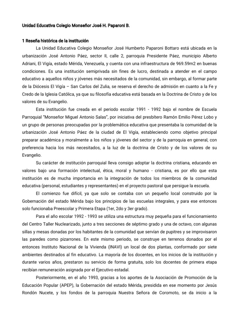 Historia del Colegio Monseñor Paparoni | PDF