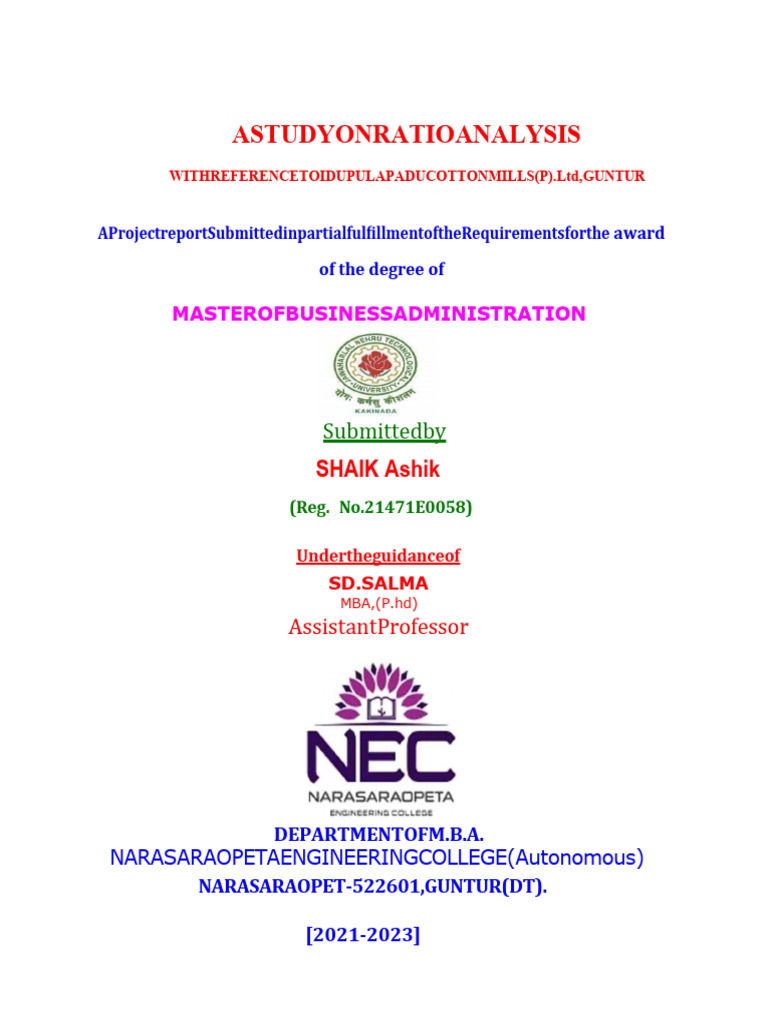 Khasim Complete Main Project | PDF | Cotton | Ratio