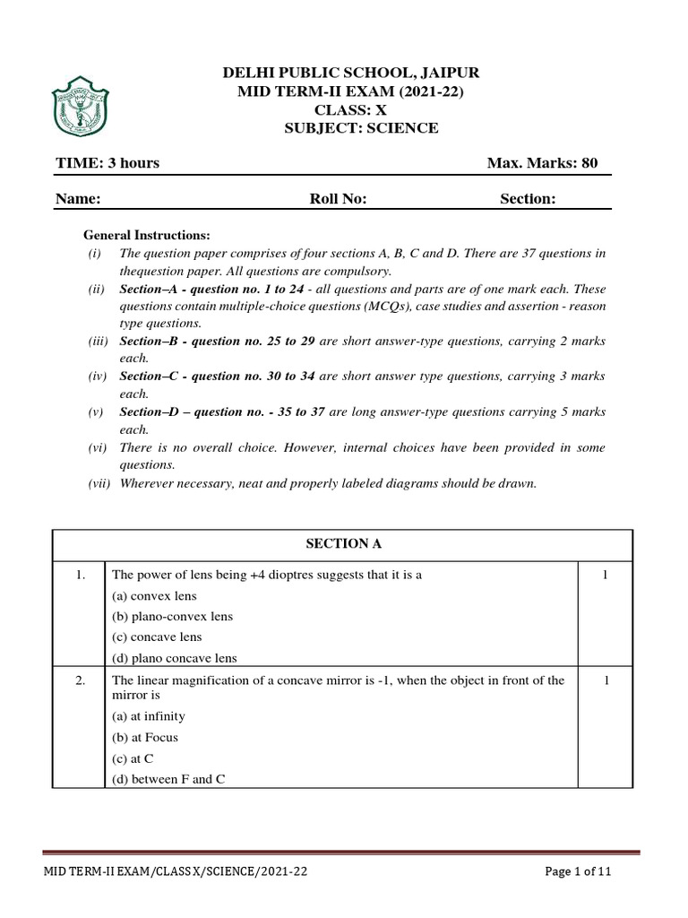 Mid Term-II Grade 10 Science Question Paper | PDF