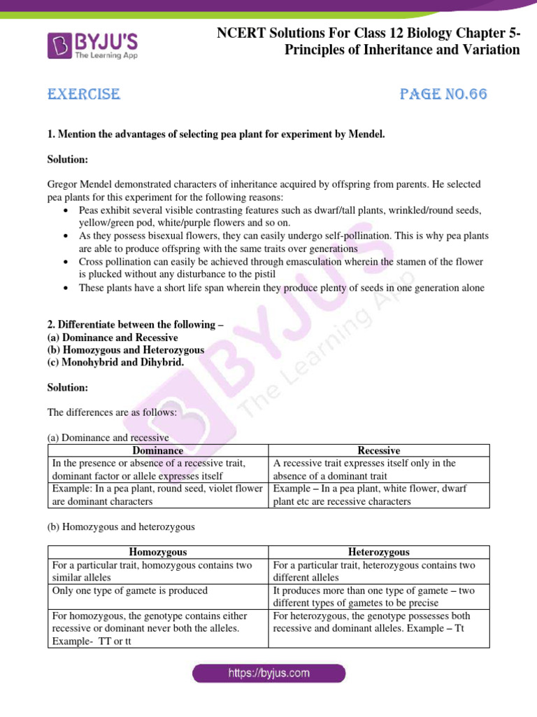 NCERT Solutions For Class 12 Biology Chapter 5 Principles of Inheritance and Variation | PDF ...