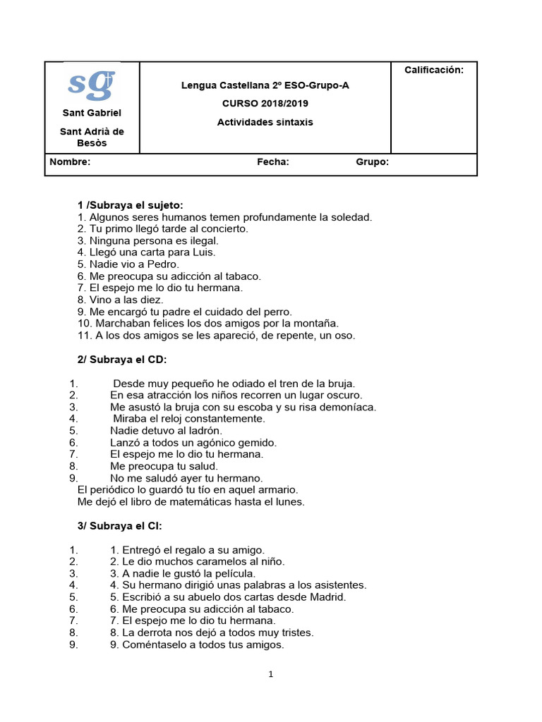 Actividades de Sintaxis 1 | PDF