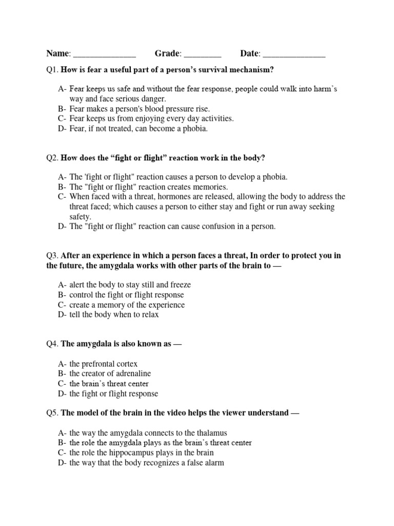 Wired For Fear Worksheet | PDF | Fear | Fight Or Flight Response