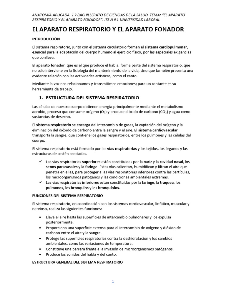 Anat Apl Apar Resp y Fonador 1º Bach Univ Lab | PDF | Pulmón | Sistema respiratorio