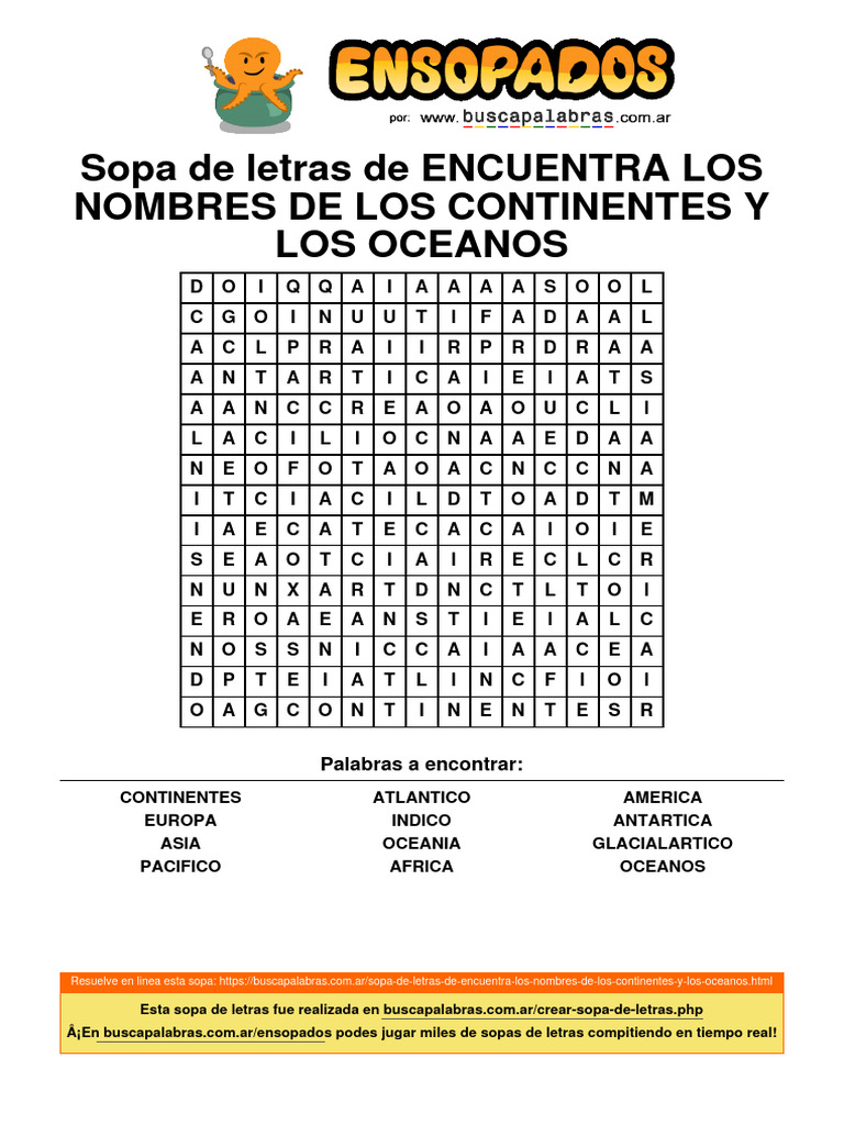 Sopa de Letras de Encuentra Los Nombres de Los Continentes y Los ...