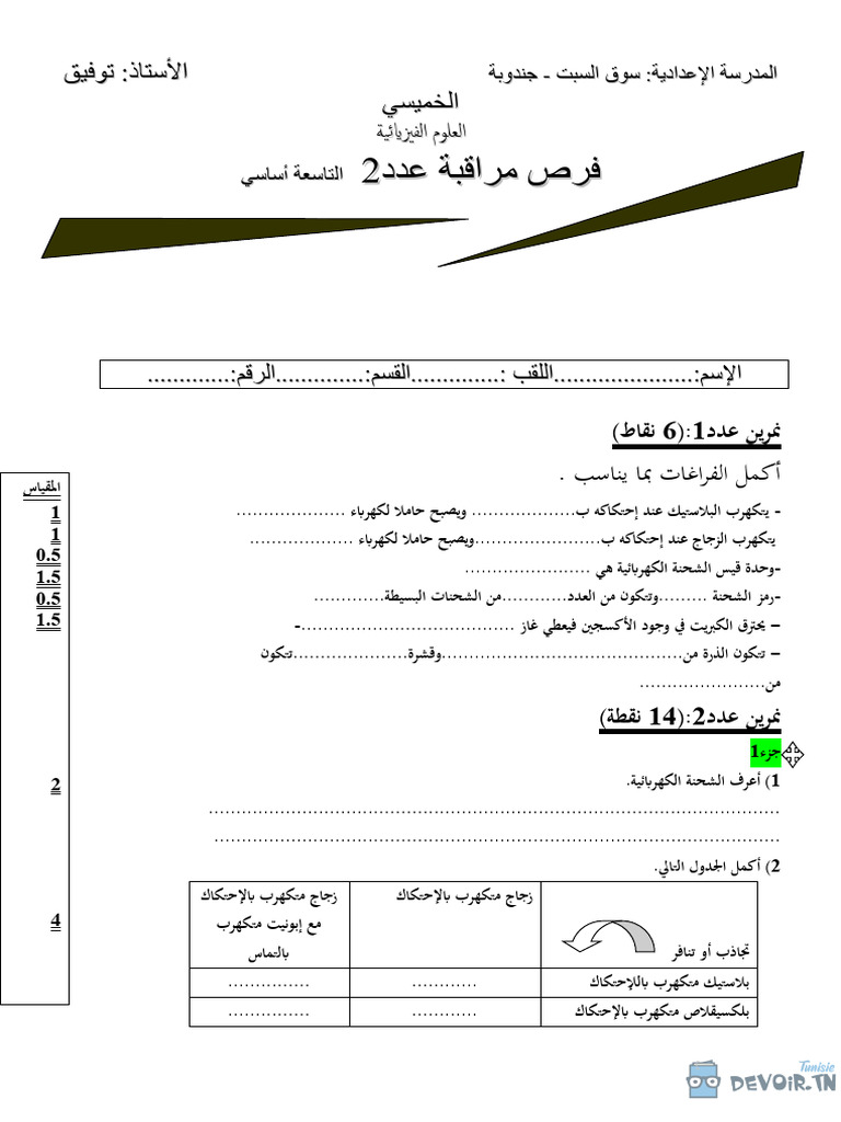 devoir de contrôle n°2 2020 2021 (توفيق خميسي) | PDF