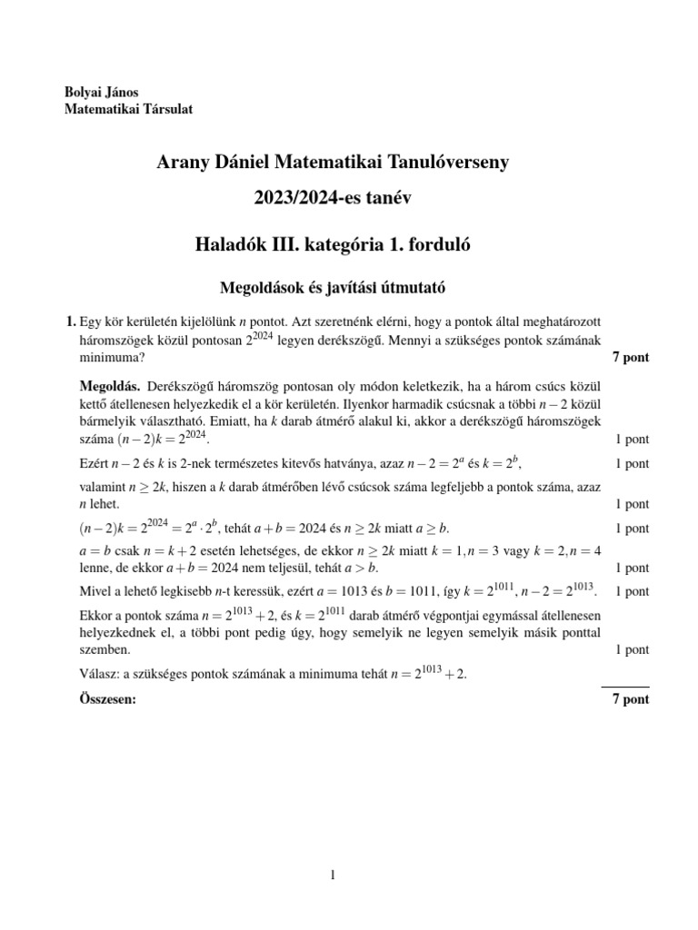 Arany Dániel Verseny 2023/2024 Első Forduló Specmat | PDF