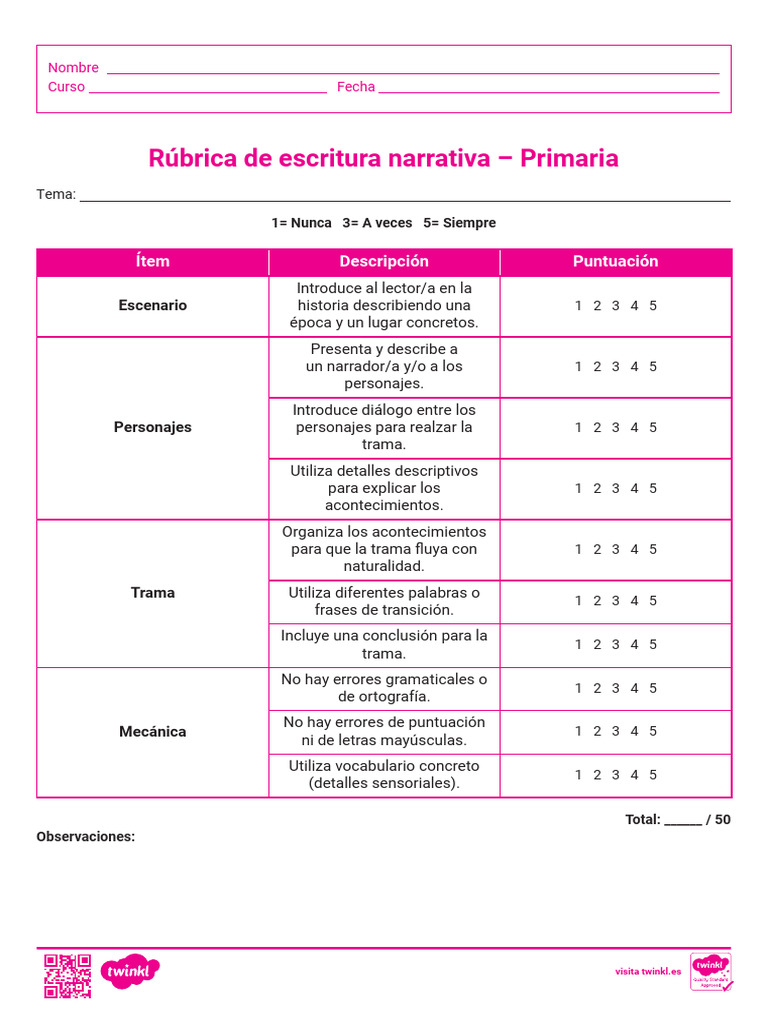 Rúbrica de Escritura Narrativa Primaria | PDF | Puntuación | Narración