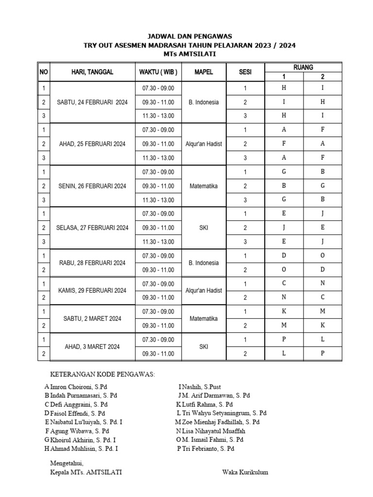 Jadwal Pengawas Try Out Am 2024 | PDF