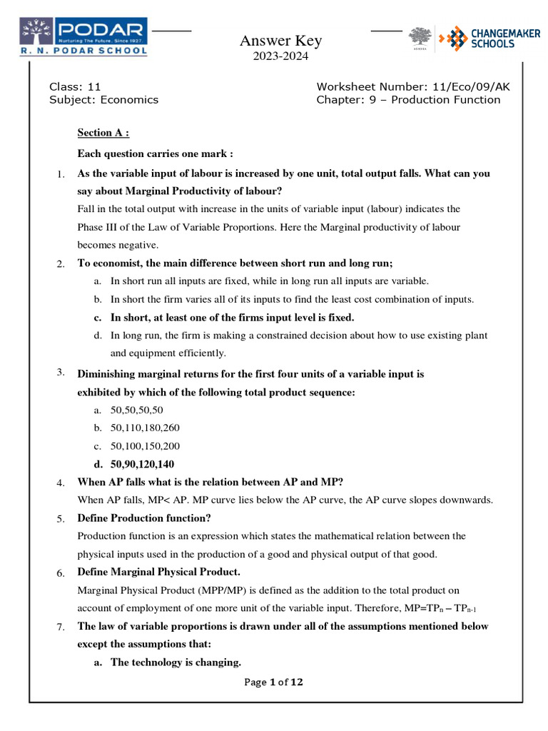 Ch9. Production Function (AK) 2023-24 | PDF | Production Function ...