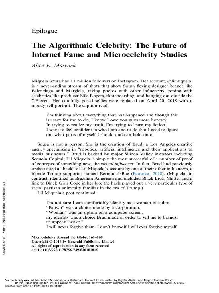 Marwick The Algorithmic Celebrity Microcelebrity Around The Globe Pdf You Tube
