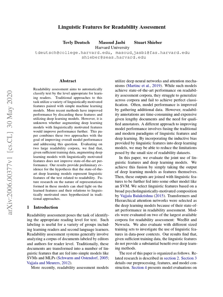 Linguistic Features For Readability Assessment | PDF | Parsing ...