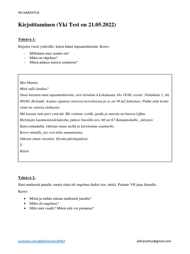 YKI Kirjoittaminen - Vastaus - Past Tests 21.05.2022 | PDF