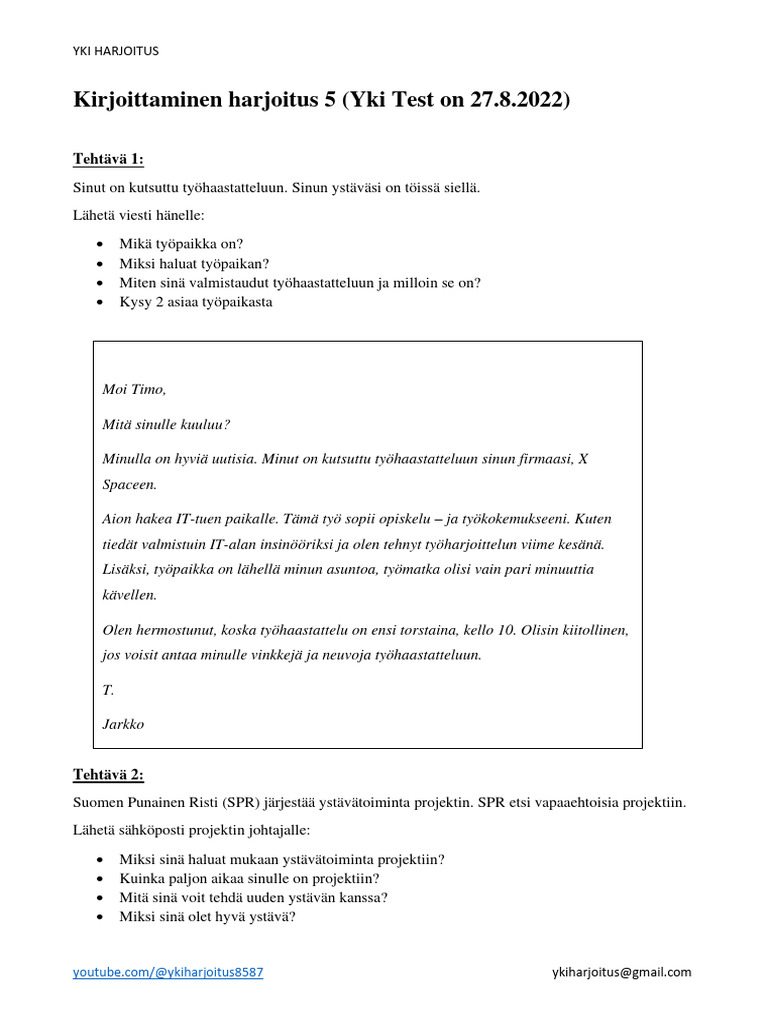 YKI Kirjoittaminen Vastaus Past Test.27.8.2022 | PDF