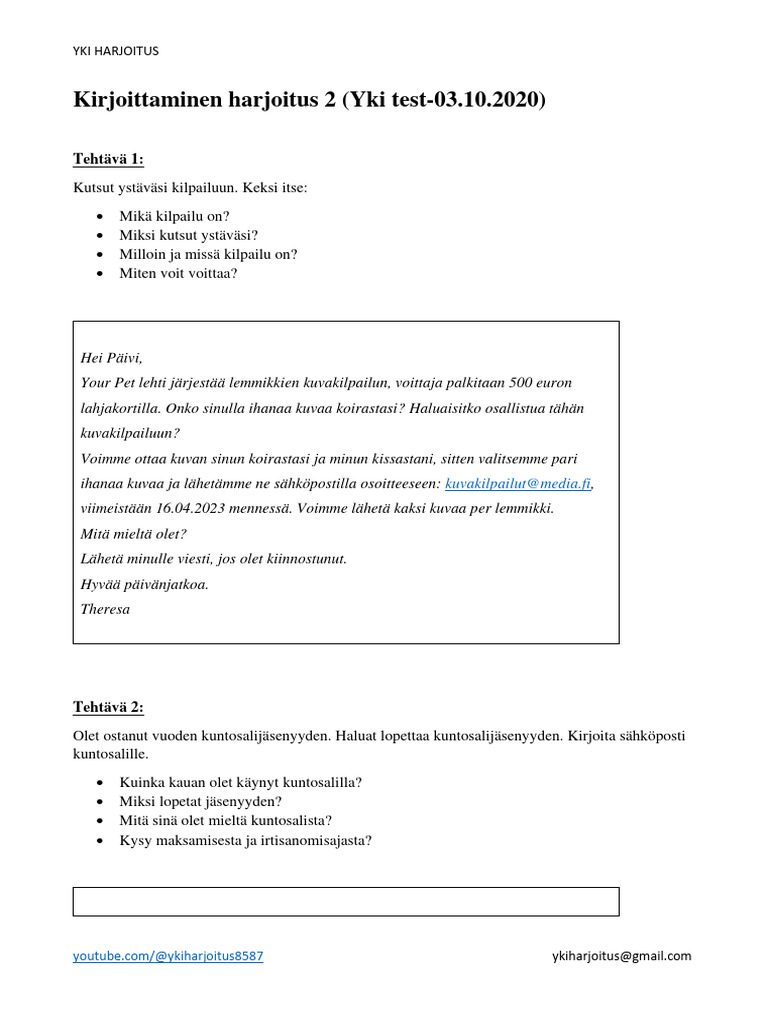 YKI Kirjoittaminen - Vastaus - Past Test 03.10.2020 | PDF