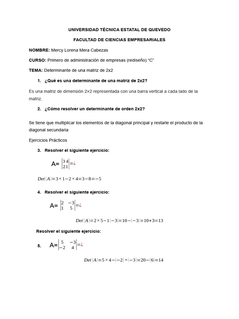 Determinantes de Una Matriz 2x2 | PDF Determinantes de Una Matriz 2x2 | PDF
