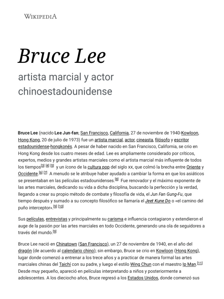 Bruce Lee - Wikipedia, La Enciclopedia Libre | PDF | Bruce Lee | Artes ...