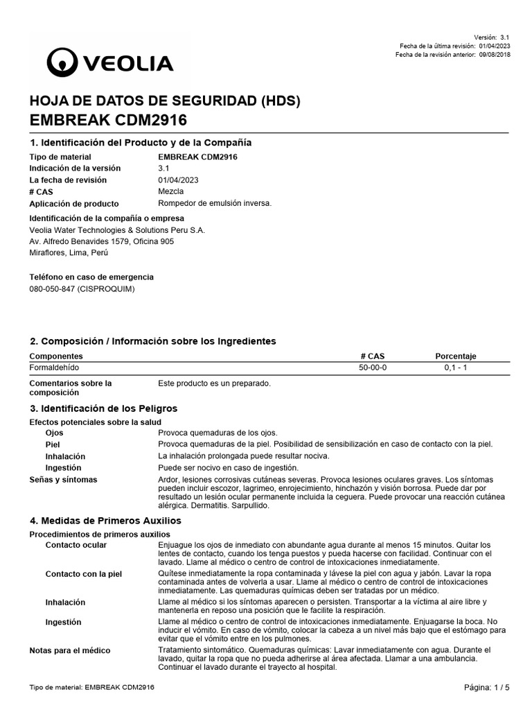 Hoja de Seguridad EMBREAK CDM2916 | PDF | Residuos | Agua