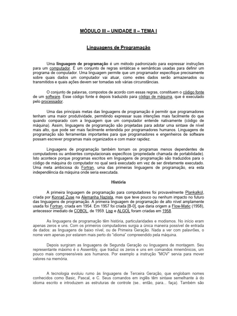 Modulo III Unidade II Tema II - Linguagem de Programacao | Download ...