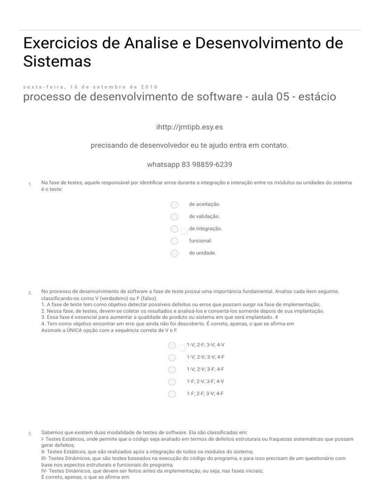 Exercicios de Analise e Desenvolvimento de Sistemas - Processo de Desenvolvimento de Software ...