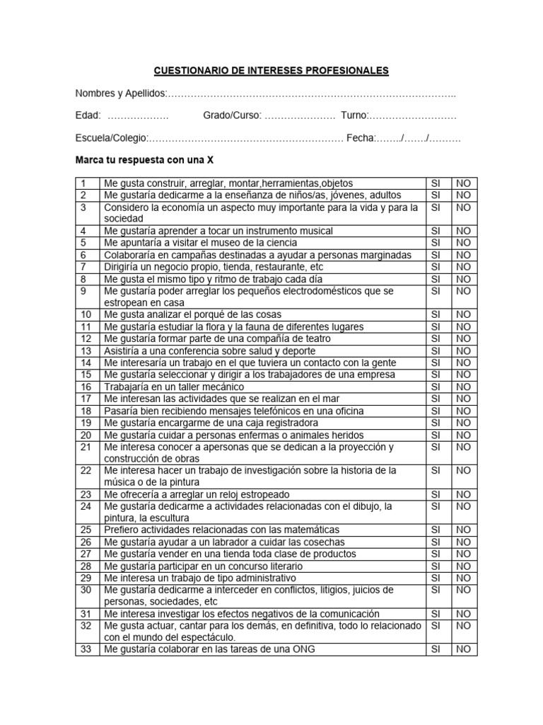 Cuestionario de Intereses Profesionales | PDF | Ingeniería