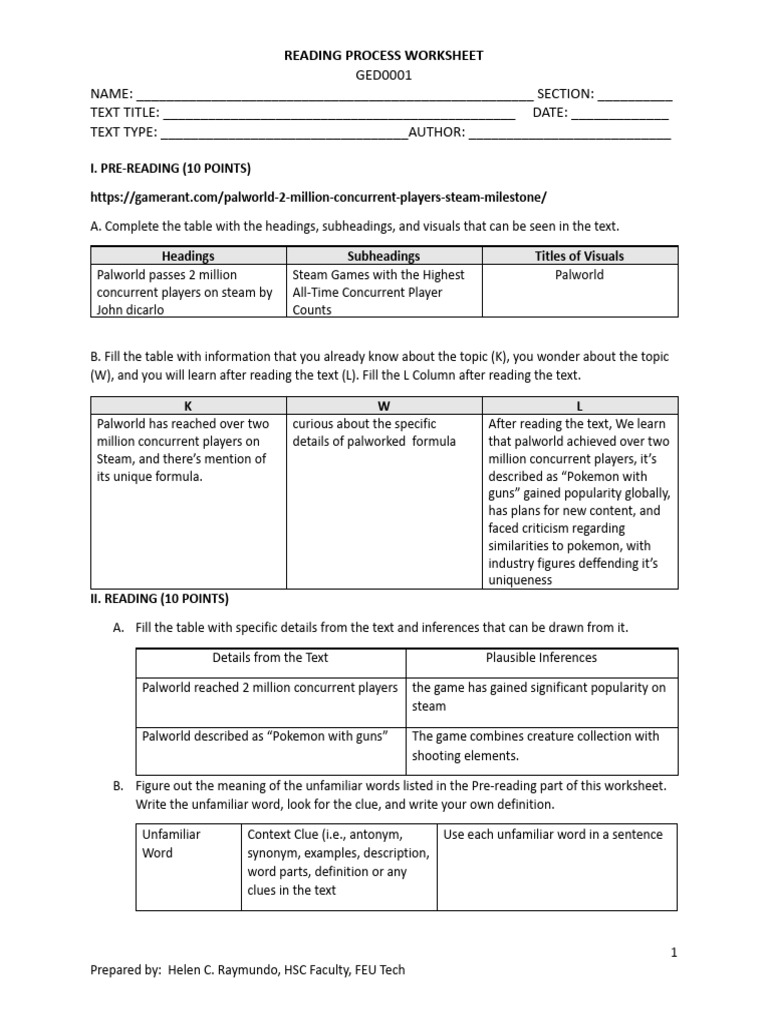 Reading Process Worksheet D3-2 | PDF