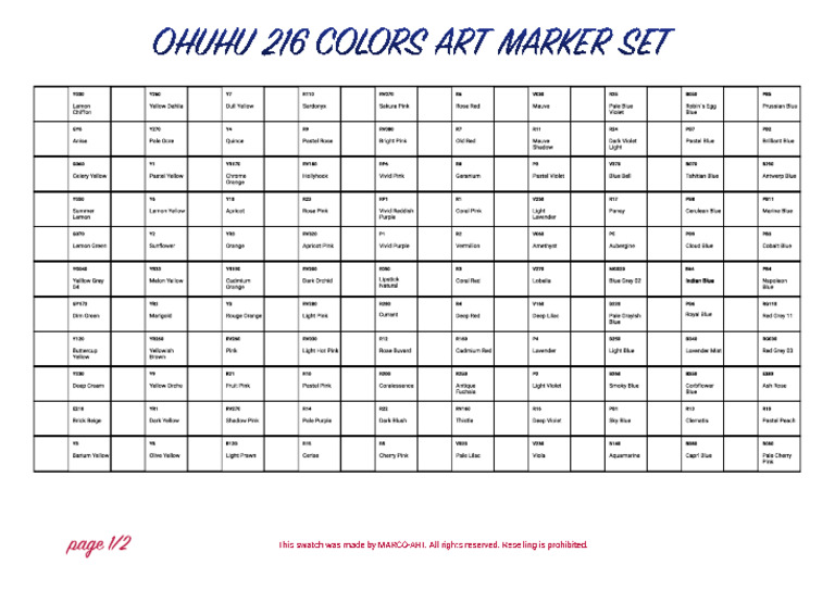 Ohuhu 216 Color Swatch Chart | PDF | Graphic Design | Image Processing