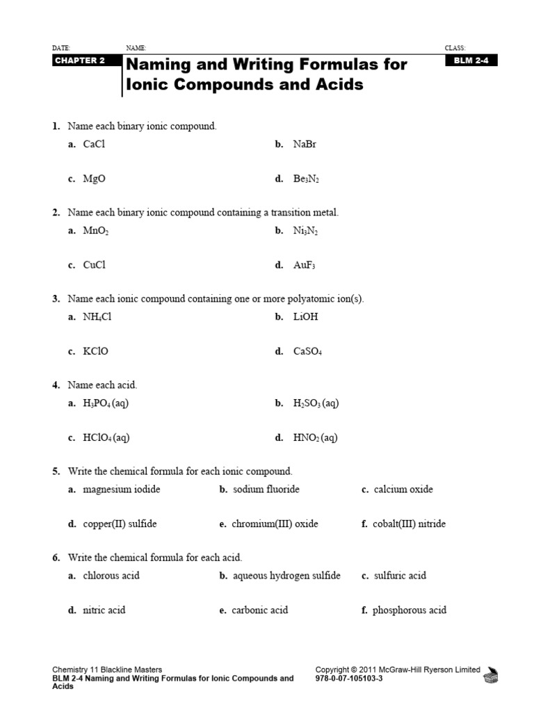 2.2 BLM 2-4 Naming and Writing Formulas For Ionic Compounds and Acids | PDF