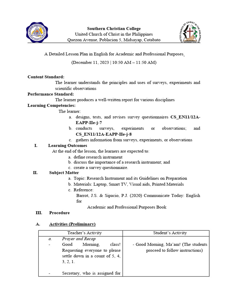 DAY 1 - RESEARCH INSTRUMENTS AND GUIDELINES LP - Lesson Plan | PDF | Survey Methodology | Learning