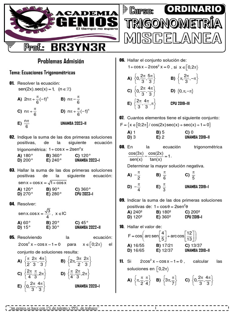 Ficha N X7 - TRIGONOMETRIA (GENIUS) | PDF | Funciones trigonométricas | Cálculo