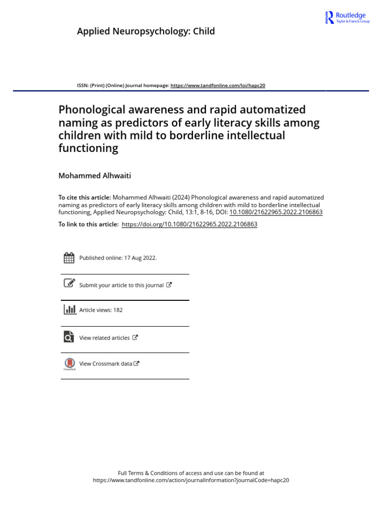 Phonological Awareness and Rapid Automatized Naming As Predictors of Early Literacy Skills Among ...